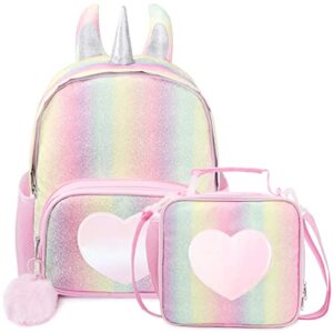 girls backpack, kids backpack for girls with lunch box girls rainbow unicorn backpack sequin glitter school backpack preschool kindergarten elementary school bag for 4- 8 years old girl