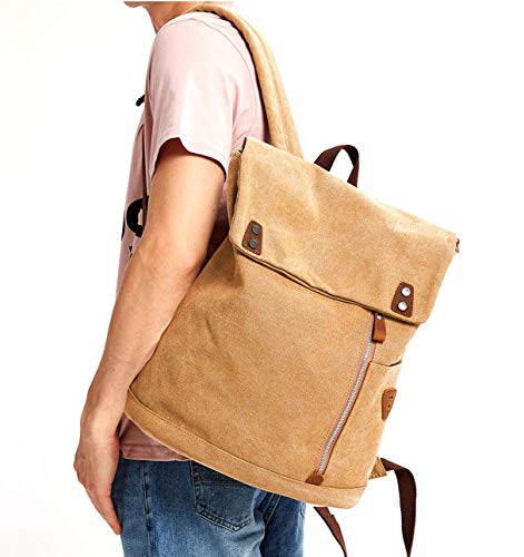 Wxnow Canvas Leather Backpack Laptop Rucksack Casual Outdoor Travel Daypack School Bag for Men Women Khaki