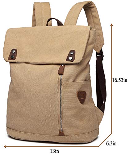 Wxnow Canvas Leather Backpack Laptop Rucksack Casual Outdoor Travel Daypack School Bag for Men Women Khaki