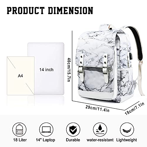 Junlion Vintage Backpack Gift for Girls Marbled School Bag College Daypack Travel Rucksack with USB Charging Port