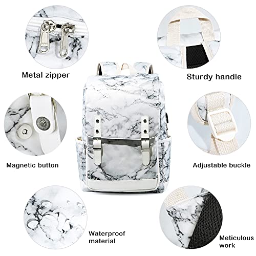 Junlion Vintage Backpack Gift for Girls Marbled School Bag College Daypack Travel Rucksack with USB Charging Port