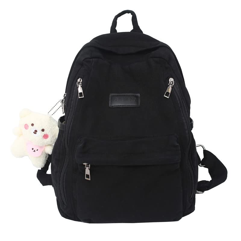 Kawaii Backpack with Kawaii Pin and Accessories, Aesthetic Minimalist Backpack Canvas School Casual Daypacks for Teens Girls (Black)