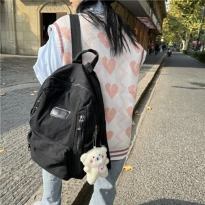 Kawaii Backpack with Kawaii Pin and Accessories, Aesthetic Minimalist Backpack Canvas School Casual Daypacks for Teens Girls (Black)