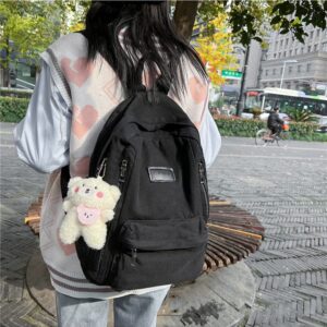 Kawaii Backpack with Kawaii Pin and Accessories, Aesthetic Minimalist Backpack Canvas School Casual Daypacks for Teens Girls (Black)