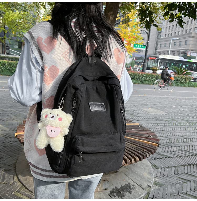 Kawaii Backpack with Kawaii Pin and Accessories, Aesthetic Minimalist Backpack Canvas School Casual Daypacks for Teens Girls (Black)