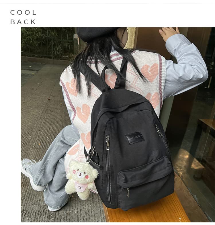 Kawaii Backpack with Kawaii Pin and Accessories, Aesthetic Minimalist Backpack Canvas School Casual Daypacks for Teens Girls (Black)