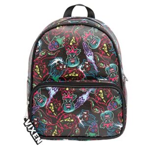 disney villains mini backpack with allover print & molded vixen dangle, 10.5 inches, adjustable straps, faux leather