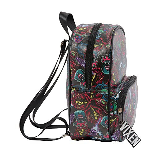 Disney Villains Mini Backpack with Allover Print & Molded Vixen Dangle, 10.5 Inches, Adjustable Straps, Faux Leather