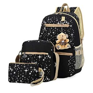 Star Print Girls Canvas Backpacks Set for School, School Bags Bookbags for Teenage Girls, with Crossbody Bag, 3 Pieces