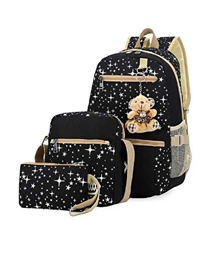 Star Print Girls Canvas Backpacks Set for School, School Bags Bookbags for Teenage Girls, with Crossbody Bag, 3 Pieces