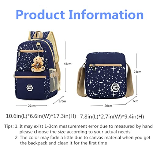 Star Print Girls Canvas Backpacks Set for School, School Bags Bookbags for Teenage Girls, with Crossbody Bag, 3 Pieces