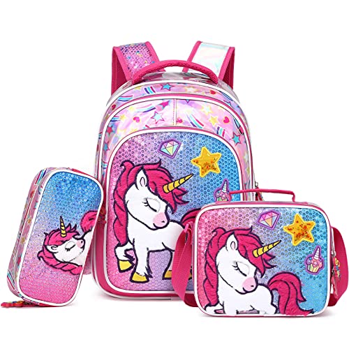 Robhomily Unicorn Sequins Girls Backpack with Lunch Box Set for Elementary School,17” Sparkly Bling School Backpack for Girls with Lunch Bags Set