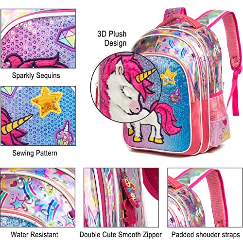 Robhomily Unicorn Sequins Girls Backpack with Lunch Box Set for Elementary School,17” Sparkly Bling School Backpack for Girls with Lunch Bags Set