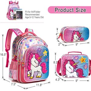 Robhomily Unicorn Sequins Girls Backpack with Lunch Box Set for Elementary School,17” Sparkly Bling School Backpack for Girls with Lunch Bags Set