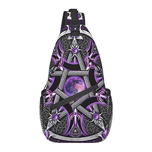 Crossbody Sling Backpack Purple Wiccan Star Pentagram Men Women Hiking Chest Shoulder Bag