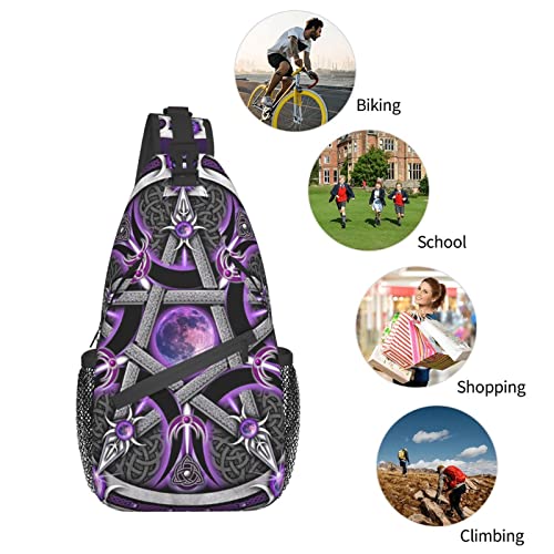 Crossbody Sling Backpack Purple Wiccan Star Pentagram Men Women Hiking Chest Shoulder Bag