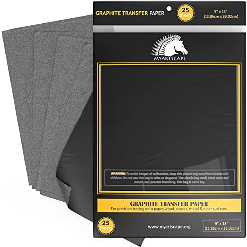 MyArtscape Graphite Transfer Paper - 9" x 13" - 25 Sheets - Waxed Carbon Paper for Tracing (Black)