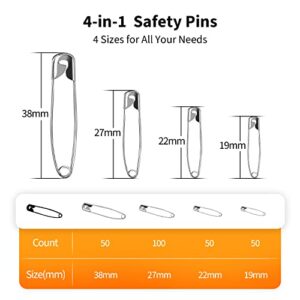 Officepal Premium Quality 4-Size Pack of Safety Pins- Top 250-Count – Durable, Rust-Resistant Nickel Plated Steel Set- Best Sewing Accessories Kit for Baby Clothing, Crafts, Arts (4-Size in 1 No.002)