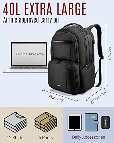 LIGHT FLIGHT Laptop Backpack for Men, Travel Backpack for Men Women Bookbag with Charging Port Fits 17.3 Inch Computer, 40L Back Pack for Business School Work College, Black