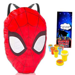 spiderman backpack for kids – plush marvel spiderman backpack with adjustable shoulder straps plus superhero stampers and more for boys, girls (spiderman school supplies)