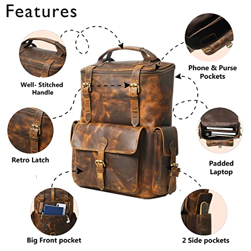 Gratlin Buffalo Leather Backpack for Men & Women | Multi Pockets Leather Laptop Backpack | Vintage Genuine Men's Brown Leather Backpacks Bookbag Rucksack Knapsack for Travel Trekking Camping Business