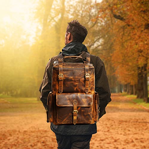 Gratlin Buffalo Leather Backpack for Men & Women | Multi Pockets Leather Laptop Backpack | Vintage Genuine Men's Brown Leather Backpacks Bookbag Rucksack Knapsack for Travel Trekking Camping Business