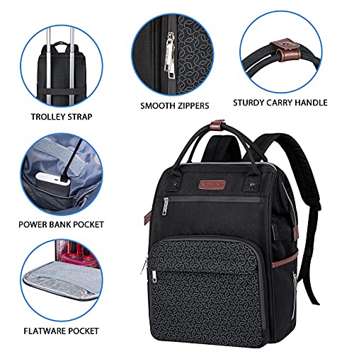 EMPSIGN Lunch Backpack for Women & Men, 15.6 Inch Laptop Backpack Cooler Bag with USB Port & Insulated Lunch Box, Waterproof Light Weight Diaper Bag for Travel School Work-Black