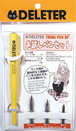 DELETER Trial Pen Set, 1 pan Holder + 3 Comic Pen nibs (G-Pen, Saji-Pen & Maru-Pen) + 3 Manga Papers, 1 Set (341-1008)