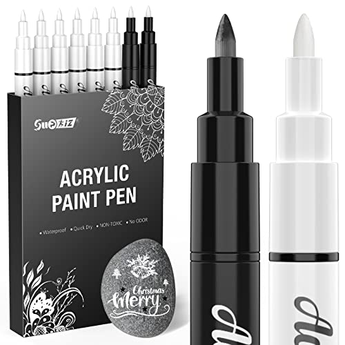 SUPKIZ White Paint Pens for Rock Painting, 8 Pack Acrylic Paint Markers Extra Fine Tip Paint Pens for Stone Ceramic Glass Wood Metal Canvas Paper Drawing Permanent Black Paint Markers Set (0.7mm)