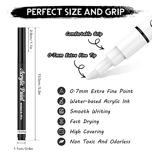 SUPKIZ White Paint Pens for Rock Painting, 8 Pack Acrylic Paint Markers Extra Fine Tip Paint Pens for Stone Ceramic Glass Wood Metal Canvas Paper Drawing Permanent Black Paint Markers Set (0.7mm)