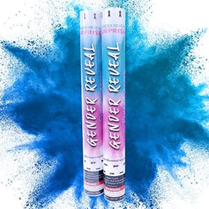 gender reveal surprise powder cannons bundle, 16 inch, non-toxic, 2 blue powder dispensers plus 8 free gender reveal party balloons decorations