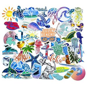 beach stickers 50pcs, blue surfing waves fresh lively turtle laptop water bottle decals cartoon vitality aesthetic sticker pack for teen girl (beach surfing)