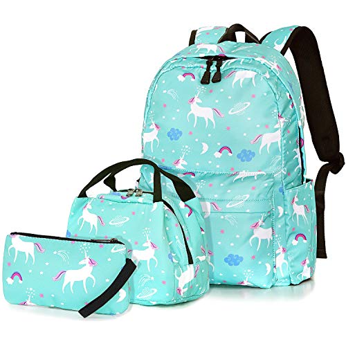 Dream Unicorn School Bag Kids 3-in-1 Bookbag Set, Junlion Laptop Backpack Lunch Bag Pencil Case Gift for Teen Girls Womens Green