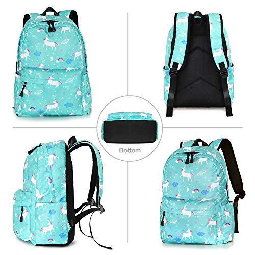 Dream Unicorn School Bag Kids 3-in-1 Bookbag Set, Junlion Laptop Backpack Lunch Bag Pencil Case Gift for Teen Girls Womens Green