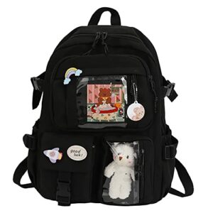 kawaii backpack, with kawaii pin and cute accessories backpack cute aesthetic backpack for school capacity rucksack(02-black)