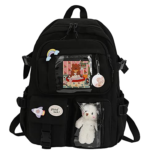 Kawaii Backpack, with Kawaii Pin and Cute Accessories Backpack Cute Aesthetic Backpack for School Capacity Rucksack(02-Black)