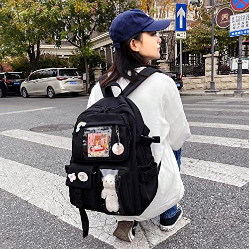 Kawaii Backpack, with Kawaii Pin and Cute Accessories Backpack Cute Aesthetic Backpack for School Capacity Rucksack(02-Black)