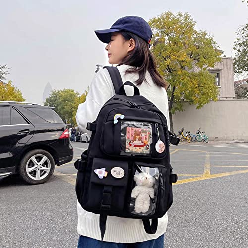 Kawaii Backpack, with Kawaii Pin and Cute Accessories Backpack Cute Aesthetic Backpack for School Capacity Rucksack(02-Black)