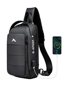 bapasa men sling crossbody bag compact shoulder waterproof sling bag usb casual sport lightweight backpack (black)