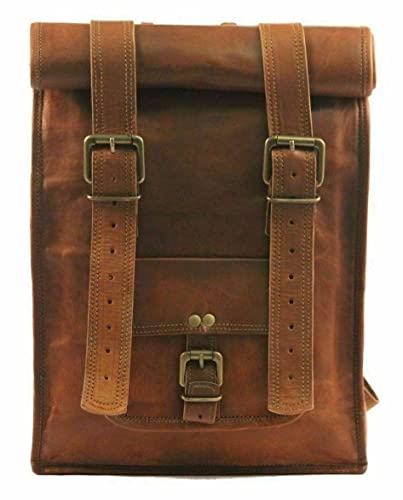 DEENIT'S Tan Pure Leather Roll Top Backpack Bag For Laptop, Ipad , Files, Books Shoulder Bag for Men and Women (24x14x6)