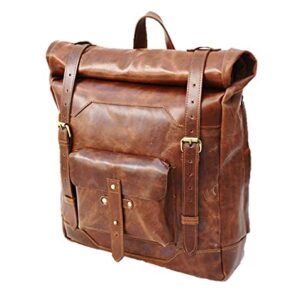 Erangle Men Genuine Leather Laptop Backpack Rucksack Shoulder Roll on Vintage Travel Bag Brown (Brown, 14” (L) x 24” Open (H) – 16” Rolled x 4” (W))