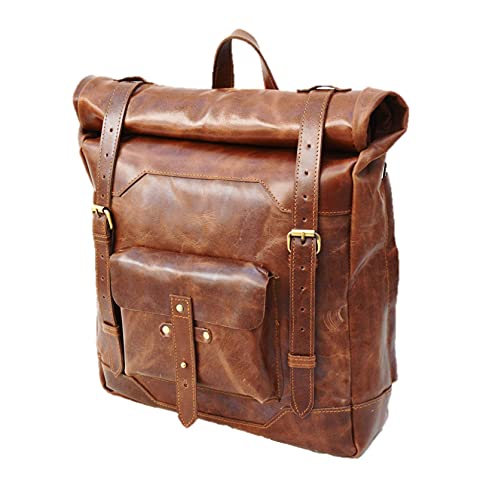 Erangle Men Genuine Leather Laptop Backpack Rucksack Shoulder Roll on Vintage Travel Bag Brown (Brown, 14” (L) x 24” Open (H) – 16” Rolled x 4” (W))