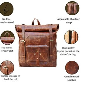 Erangle Men Genuine Leather Laptop Backpack Rucksack Shoulder Roll on Vintage Travel Bag Brown (Brown, 14” (L) x 24” Open (H) – 16” Rolled x 4” (W))