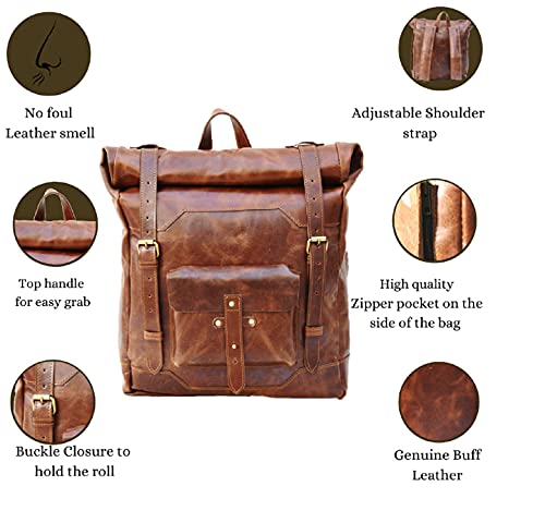 Erangle Men Genuine Leather Laptop Backpack Rucksack Shoulder Roll on Vintage Travel Bag Brown (Brown, 14” (L) x 24” Open (H) – 16” Rolled x 4” (W))