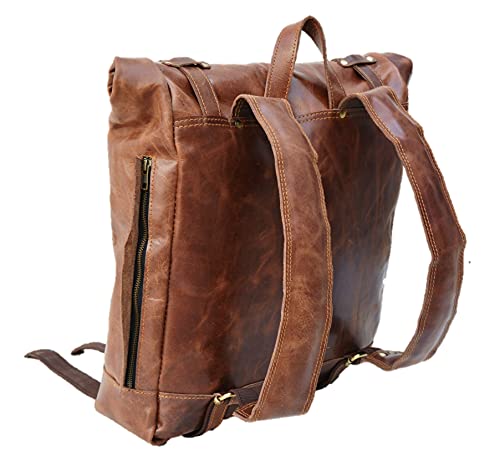 Erangle Men Genuine Leather Laptop Backpack Rucksack Shoulder Roll on Vintage Travel Bag Brown (Brown, 14” (L) x 24” Open (H) – 16” Rolled x 4” (W))