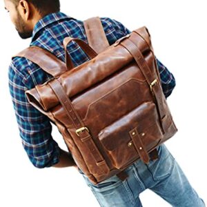 Erangle Men Genuine Leather Laptop Backpack Rucksack Shoulder Roll on Vintage Travel Bag Brown (Brown, 14” (L) x 24” Open (H) – 16” Rolled x 4” (W))