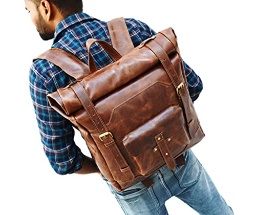 Erangle Men Genuine Leather Laptop Backpack Rucksack Shoulder Roll on Vintage Travel Bag Brown (Brown, 14” (L) x 24” Open (H) – 16” Rolled x 4” (W))