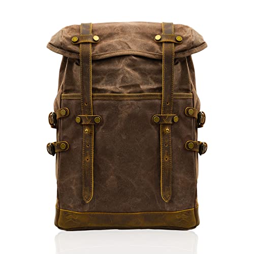 Waxed Canvas Leather Hiking Travel Waterproof Backpack for School Weekend Travel Fit 15in laptops (Coffee)