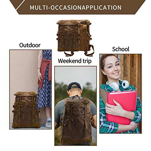 Waxed Canvas Leather Hiking Travel Waterproof Backpack for School Weekend Travel Fit 15in laptops (Coffee)