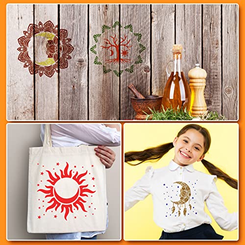 9 Pieces Mandala Sun and Moon Stencil Moon Sun Flower Star Stencil Mandala Sun Moon Stencils Reusable Painting Templates with Metal Open Ring for DIY Scrapbooks Painting on Wood Wall Home Decor Supply